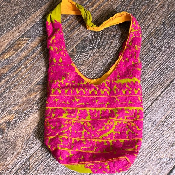 Bags | Vibrant Fuscia Pink And Yellow Embroidered Boho Bag | Poshmark
